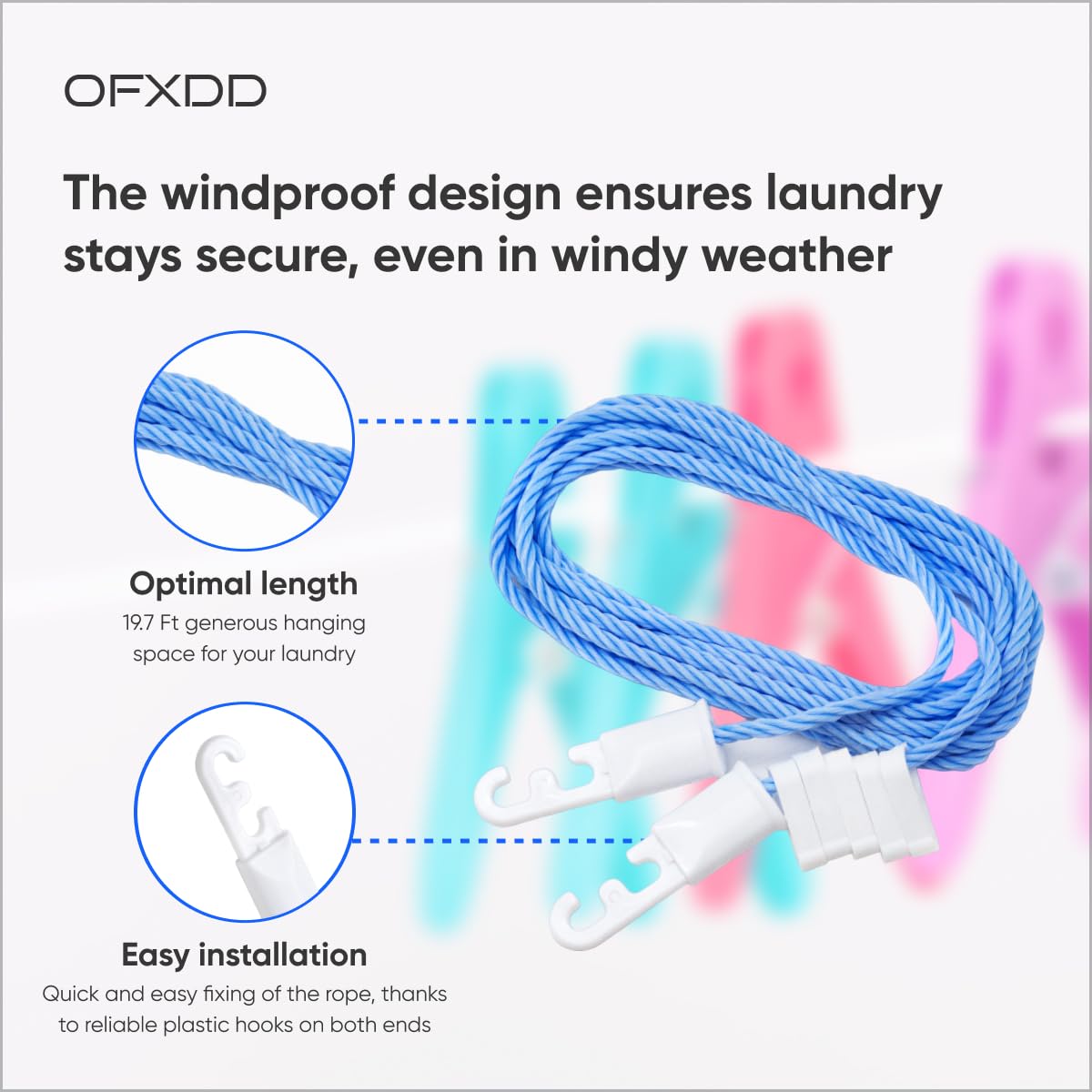 Clothes Line 19.7 Ft - Indoors & Outdoors Clothesline - Portable Laundry Line for Hanging Clothes - Windproof Rope with Hooks