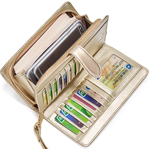 FOXER Leather Wallets for Women, Leather Gift Box Packing Chain Pattern Ladies Clutch Purses with Wristband Women's Trifold Long Wallets Womens Zip Around Wallets Credit Card Holders (Gold)