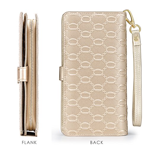 FOXER Leather Wallets for Women, Leather Gift Box Packing Chain Pattern Ladies Clutch Purses with Wristband Women's Trifold Long Wallets Womens Zip Around Wallets Credit Card Holders (Gold)