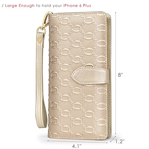 FOXER Leather Wallets for Women, Leather Gift Box Packing Chain Pattern Ladies Clutch Purses with Wristband Women's Trifold Long Wallets Womens Zip Around Wallets Credit Card Holders (Gold)