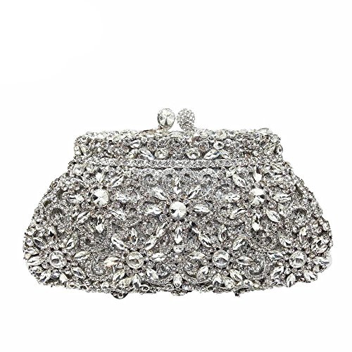 Boutique De FGG Women Silver Crown Minaudiere Evening Bags Flower Crystal Clutch Purses Wedding Clutch