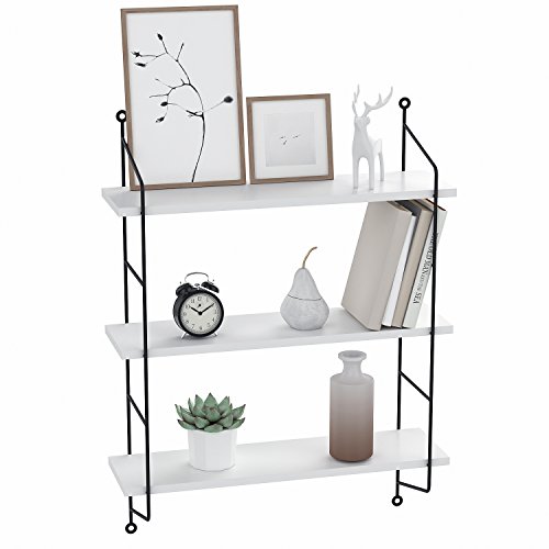 White Floating Shelves Wall Mounted 3-Tier,Storage and Display Rack for Bathroom,Kitchen, Bedroom,Living Room,etc,Sturdy Wood and Metal Hanging Shelf Wall Decor
