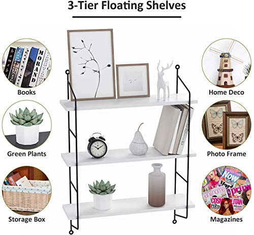 White Floating Shelves Wall Mounted 3-Tier,Storage and Display Rack for Bathroom,Kitchen, Bedroom,Living Room,etc,Sturdy Wood and Metal Hanging Shelf Wall Decor