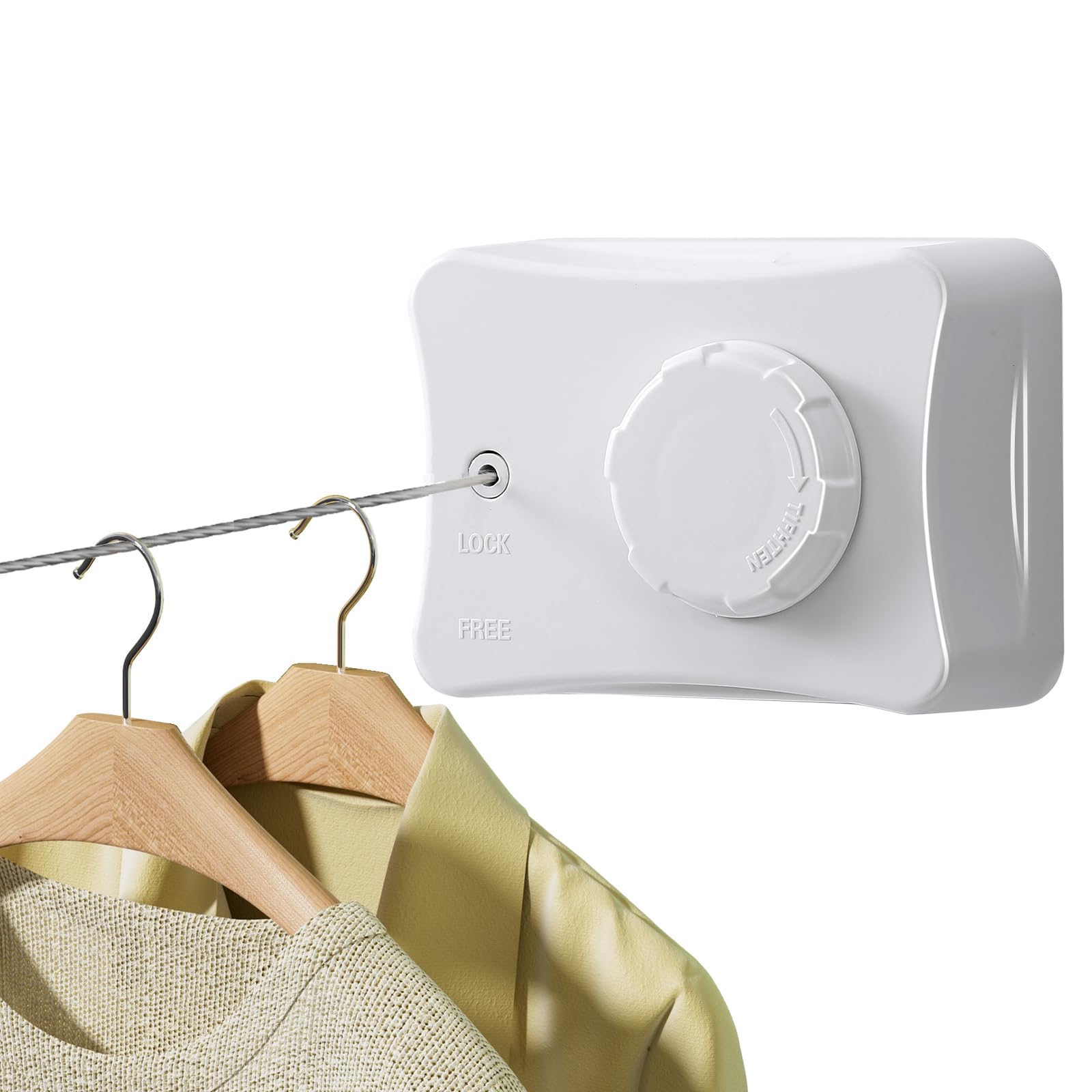 LYNN PICK 'N PLAY Anti-Sag Retractable Clothesline Heavy Lift Indoor Outdoor Safe Automatically Retract with Constant Speed 16.7ft Stainless Steel Cord for Home Hotel Hanging Laundry (White)