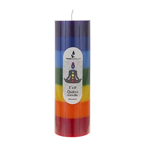 Mega Candles Unscented Multi Color Chakra Round Pillar Candle, Hand Poured Premium Wax Candles 3 Inch x 9 Inch, Cotton Wick, Promotes Positive Energy, Aids Meditation, Relaxation & More