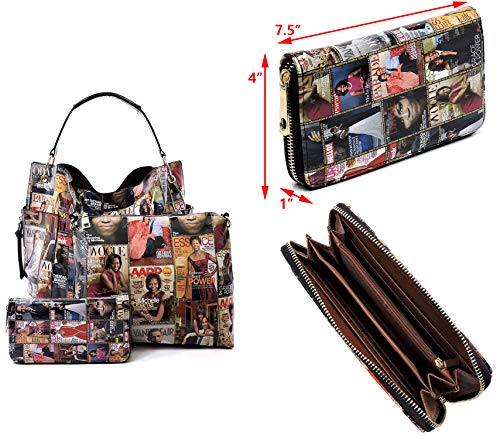 Magazine Cover Collage Michelle Obama Printed Square Hobo bag + Crossbody purse + Wallet 3pcs Set (Multi)