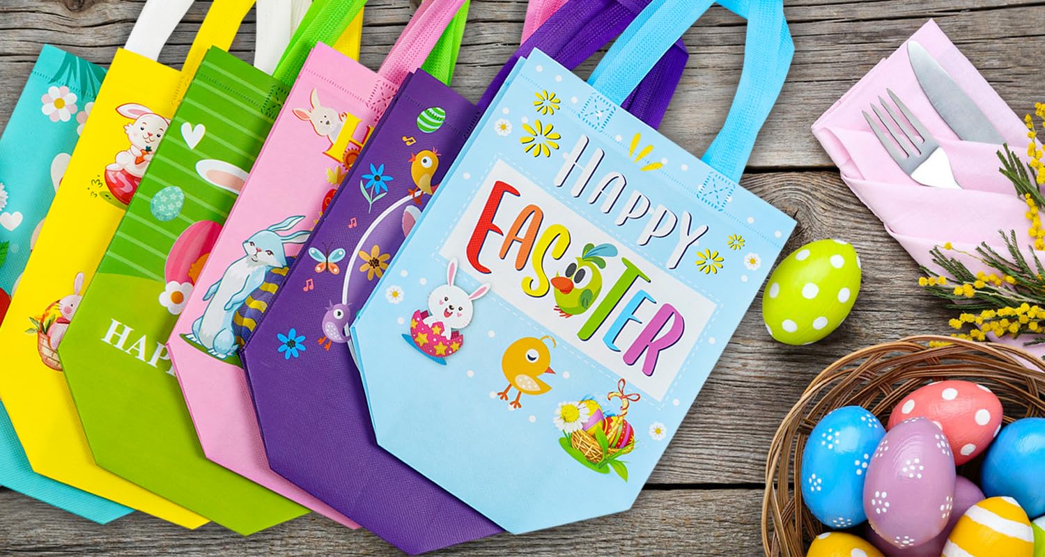 6Pcs Easter Non-woven Bags with Handle, Happy Easter Gift Bags for Kids, Treat Bags Rabbit Bunny, Reusable Easter Goodie Bags-Waterproof- for Gifts Wrapping, Egg Hunt Game, Easter Party Supplies