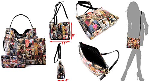 Magazine Cover Collage Michelle Obama Printed Square Hobo bag + Crossbody purse + Wallet 3pcs Set (Multi)