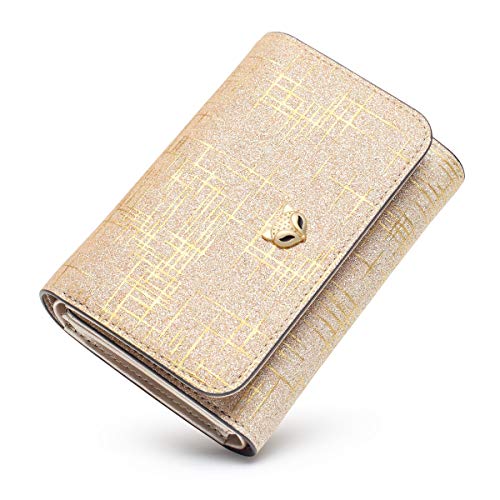 FOXER Small Leather Trifold Wallets for Women, Glett Materials Gift Box Packing Shiny Ladies Mini Purses with ID Window Women's Credit Card Holders Elegant Card Wallets (Gold)