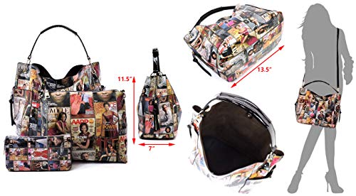 Magazine Cover Collage Michelle Obama Printed Square Hobo bag + Crossbody purse + Wallet 3pcs Set (Multi)