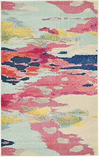 Unique Loom Estrella Collection Light Colors, Abstract, Modern, Vibrant Area Rug, 3 ft 3 in x 5 ft 3 in, Pink/Ivory