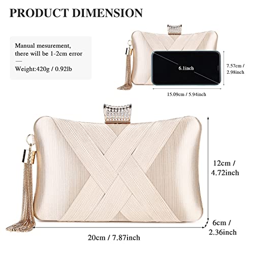 Tanpell Women's Evening Clutch Bags Silk Satin Party Handbags Bridal Wedding Purses with Tassel Pendant Light Apricot