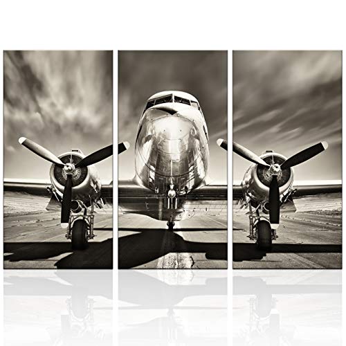 KLVOS 3 Piece Airplane Wall Art Vintage Black and white Propeller Aircraft Picture for Boy Room Home Office Modern Home Decor Stretched and Framed Ready to Hang - 16"x32"x3pcs