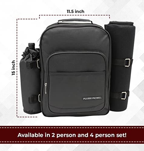 Plush Picnic – Picnic Backpack for Adventures,Insulated Picnic Backpack for 2, Great Alternative to a Bulky Picnic Basket Set, Romantic Picnic Set for 2, Picnic Basket for 2, Picnic Bag (Black)