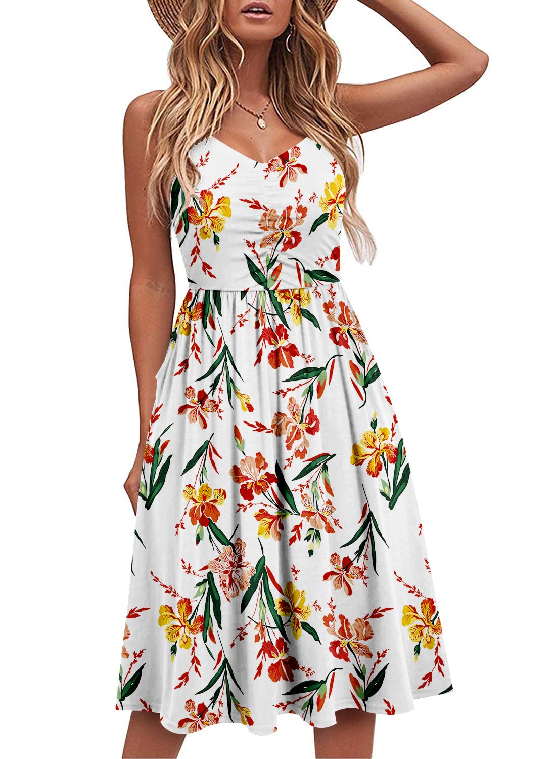 BeadChica Women's Casual Dress Summer Sleeveless V Neck Floral Sundresses A Line Spaghetti Strap Midi Dress with Pockets-Printing-XL