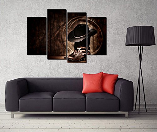 VVOVV Wall Decor Cowboy Wall Art american western art Hat and Boots West Rodeo Elements The Picture Prints on Canvas Stretched and Framed Ready To Hang Living Room Decoration