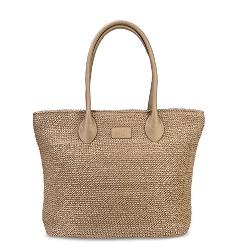 HOXIS Weekender Lightweight Synthetic Straw Shopper Tote Womens Shoulder Handbag (Tan)