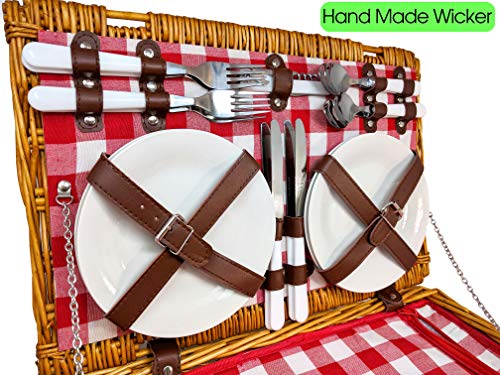 Nature Gear Upgraded 4 Person XL Picnic Basket (4 Person, Red & White)