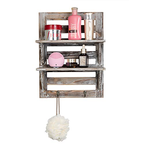 Liry Products Rustic Wooden Wall Mounted Shelves Iron Hooks Two-Tier Storage Rack Brown Torched Distressed Wood Display Shelf Organizer Farmhouse Decorative Holder Home Office Kitchen Living Room