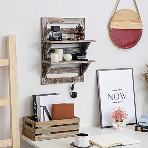 Liry Products Rustic Wooden Wall Mounted Shelves Iron Hooks Two-Tier Storage Rack Brown Torched Distressed Wood Display Shelf Organizer Farmhouse Decorative Holder Home Office Kitchen Living Room