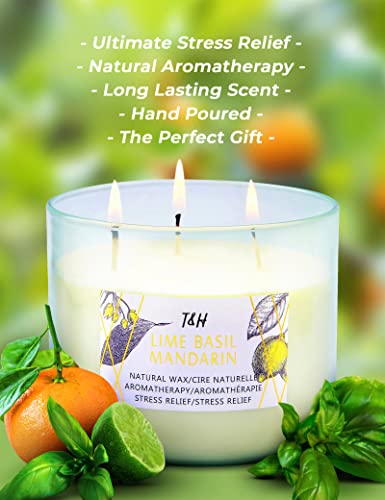 Lime Basil Mandarin 3 Wick Scented Candle with Sandalwood, Ginger & Sage | Natural Stress Relief Aromatherapy Candle 15.8 oz | Strong Scented Soy Candles for Home | Spring Candles for Men & Women