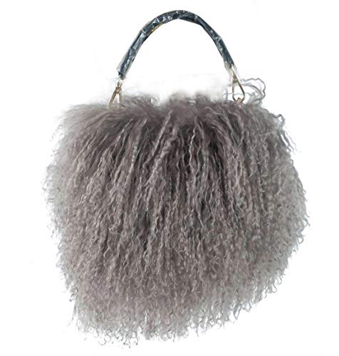 ZAKIA Womens Mongolian Lamb Fur Handbag Goat Clutch Shoulder Bags Purse with Chain (Gray)