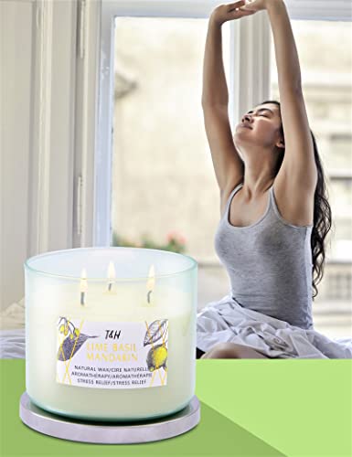 Lime Basil Mandarin 3 Wick Scented Candle with Sandalwood, Ginger & Sage | Natural Stress Relief Aromatherapy Candle 15.8 oz | Strong Scented Soy Candles for Home | Spring Candles for Men & Women