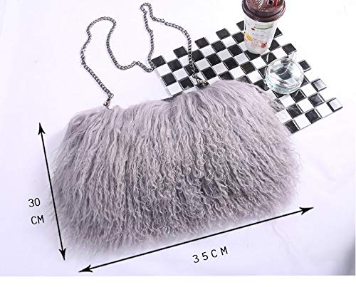 ZAKIA Womens Mongolian Lamb Fur Handbag Goat Clutch Shoulder Bags Purse with Chain (Gray)