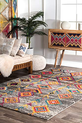 nuLOOM Catrine Bohemian Diamonds Shag Area Rug, 8' 10" x 12', Dark Grey