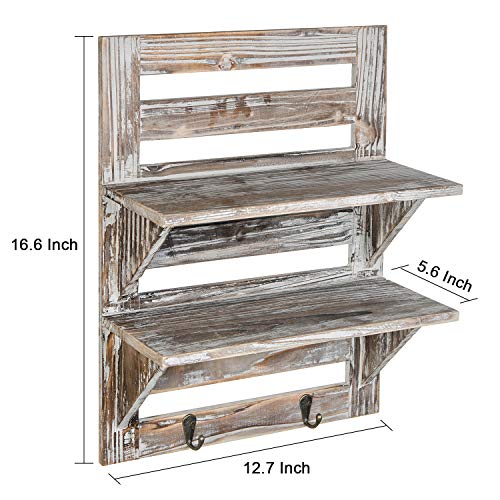 Liry Products Rustic Wooden Wall Mounted Shelves Iron Hooks Two-Tier Storage Rack Brown Torched Distressed Wood Display Shelf Organizer Farmhouse Decorative Holder Home Office Kitchen Living Room