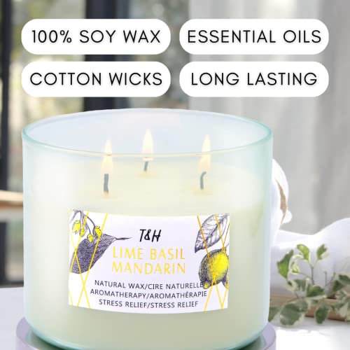 Lime Basil Mandarin 3 Wick Scented Candle with Sandalwood, Ginger & Sage | Natural Stress Relief Aromatherapy Candle 15.8 oz | Strong Scented Soy Candles for Home | Spring Candles for Men & Women