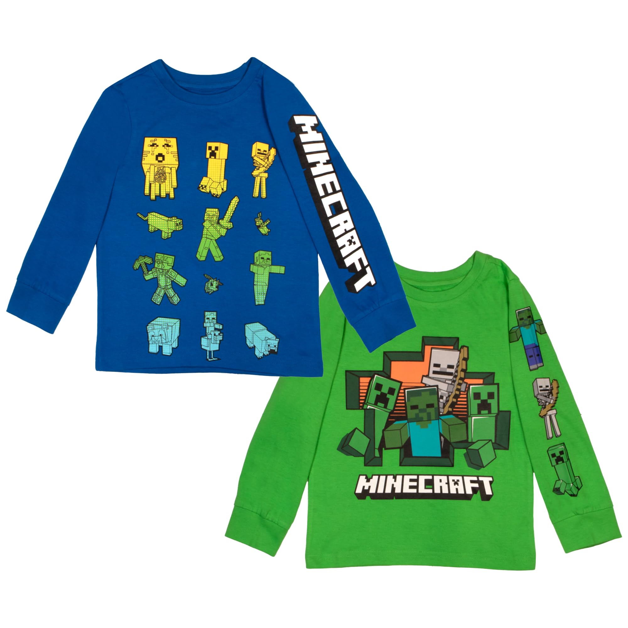 Minecraft Characters Boys Long Sleeve T-Shirt, 2-Pack Bundle Set for Kids and Toddlers (Size 10/12, Green/Royal)