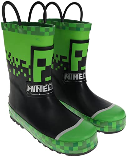 Minecraft Rain Boot for Kids, 100% Rubber Creeper Wellie Boot Waterproof, Green/Black, Little Kid Size 12/13