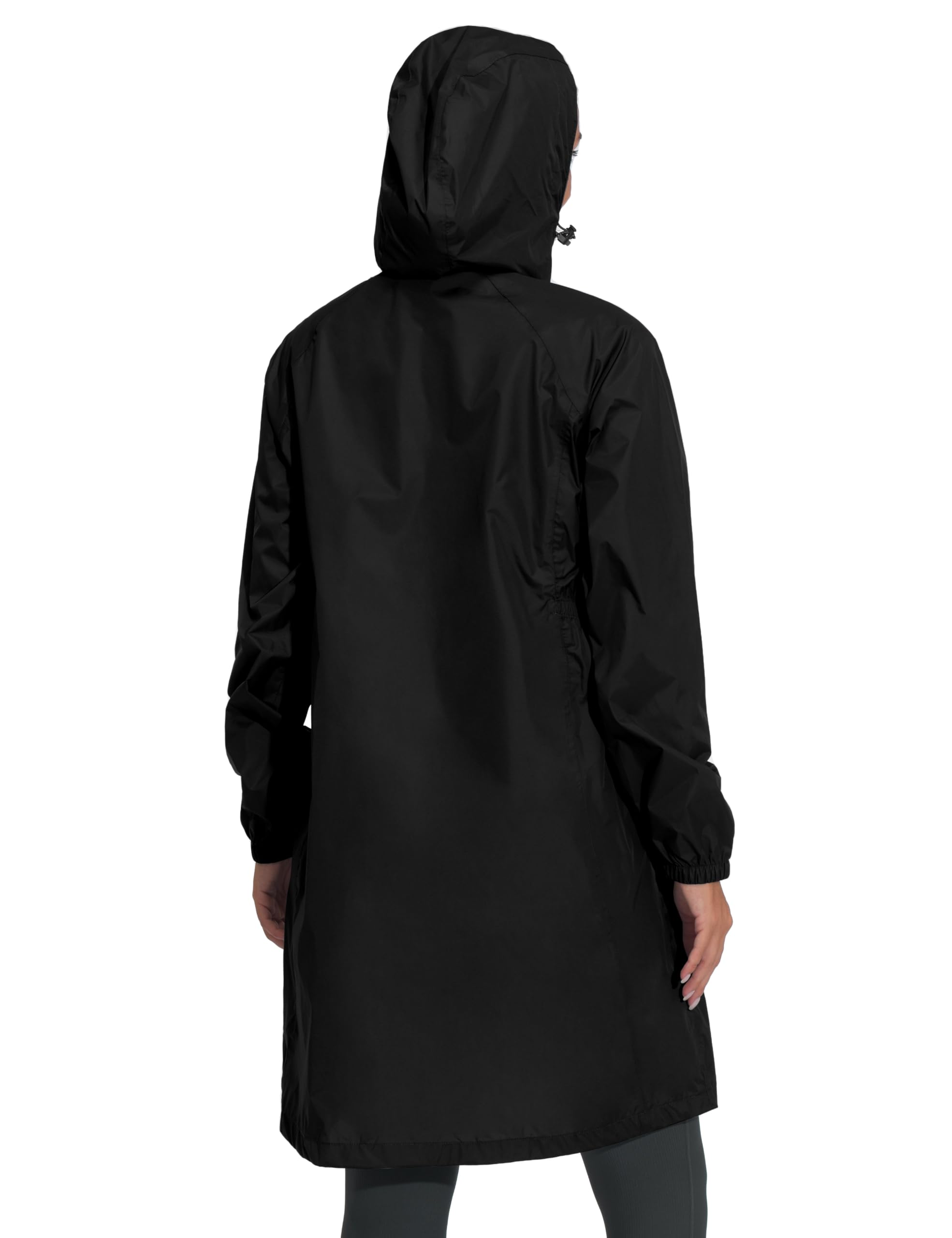 Mapamyumco Women's Ultra-Light Packable Waterproof Long Rain Jacket, Hooded Raincoat with Zipper Pockets Black XL