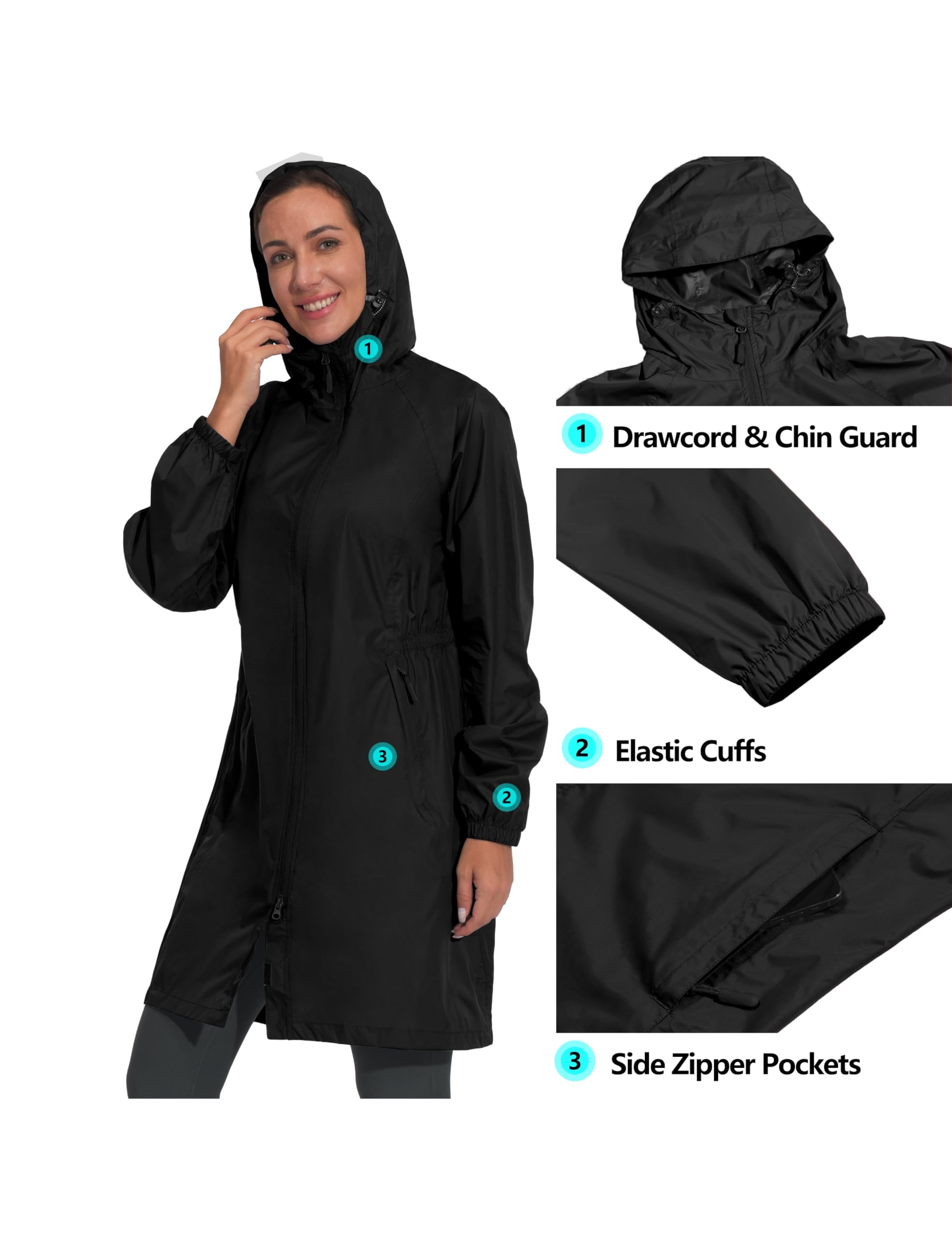 Mapamyumco Women's Ultra-Light Packable Waterproof Long Rain Jacket, Hooded Raincoat with Zipper Pockets Black XL