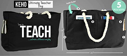 Keho XXL Ultimate Teacher Waterproof Multi Pocket Tote Shoulder Bag (Huge) - Perfect Usable Gift for Teacher Appreciation, Comfy Rope Handles & Perfect Work Bag