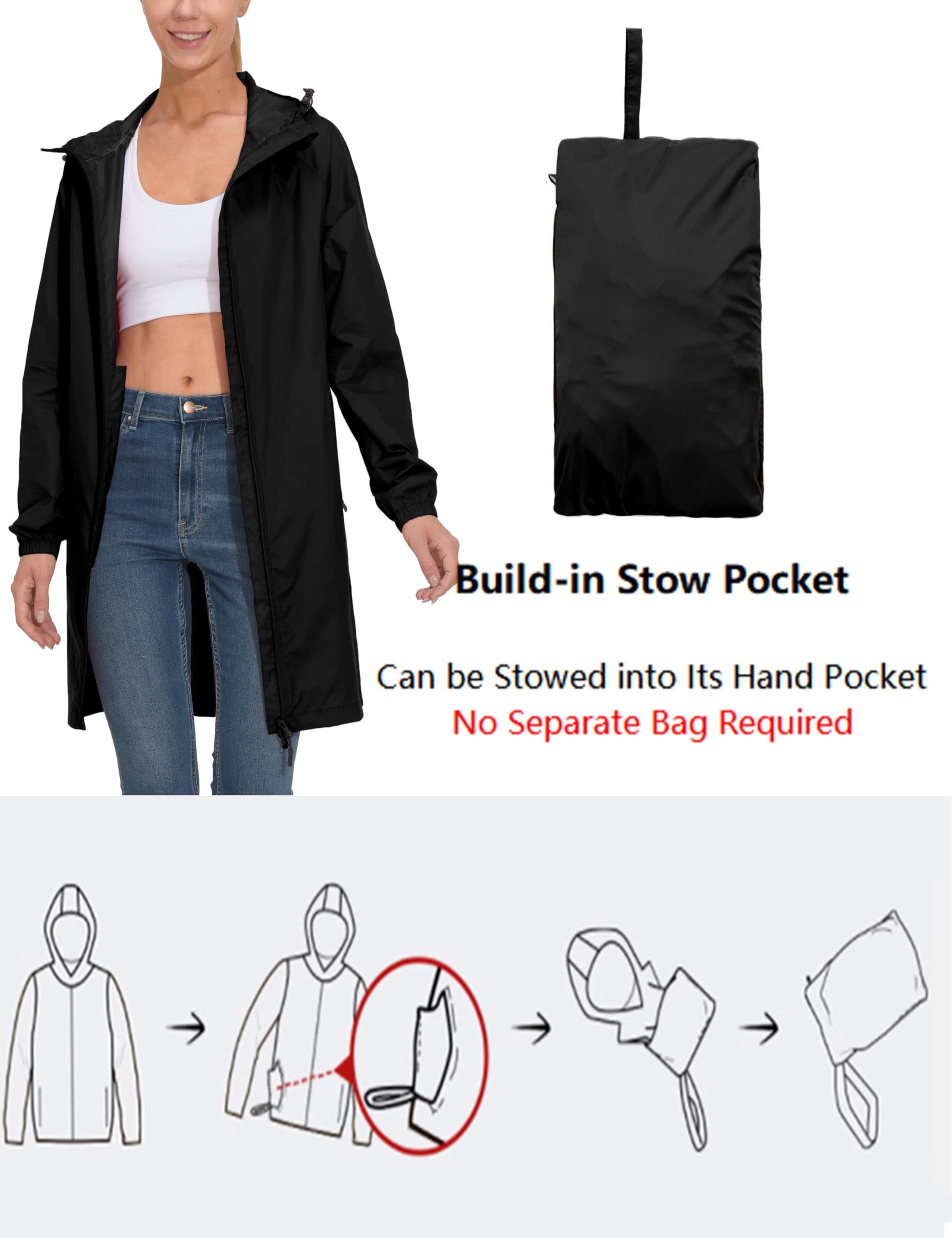 Mapamyumco Women's Ultra-Light Packable Waterproof Long Rain Jacket, Hooded Raincoat with Zipper Pockets Black XL