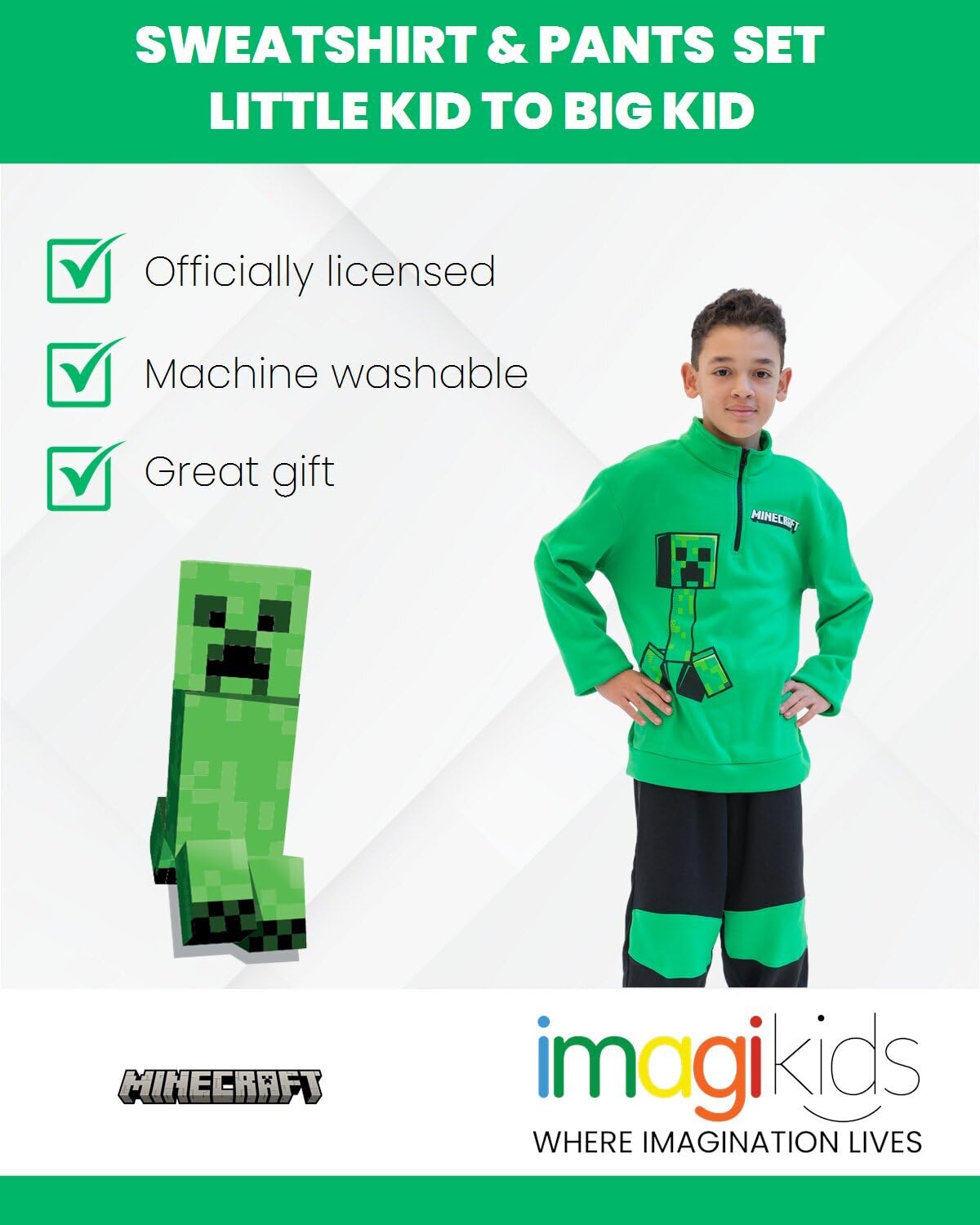 Minecraft Creeper Little Boys Fleece Half Zip Sweatshirt & Pants Set Green 4