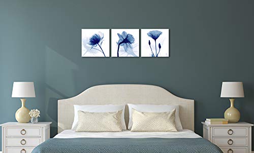 Wieco Art Blue Abstract Flowers 3 Panels Giclee Canvas Prints Wall Art Modern Pictures Artwork for Living Room Bedroom and Home Decorations