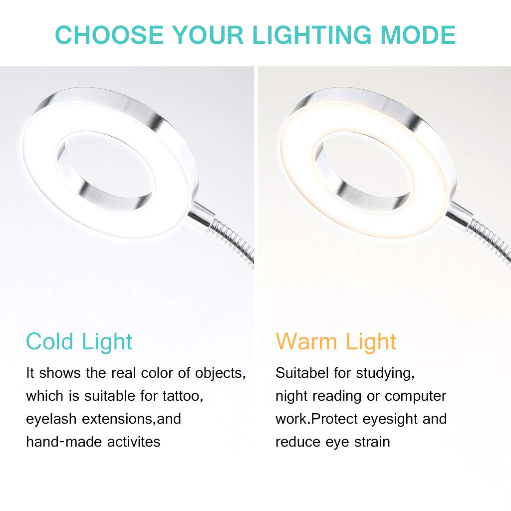 JimKing Ring Light, Tattoo Light Desk Lamp, LED Book Light with Clip, USB Bed Lamp for Live Show, Reading, Tattoo, Make Up, Manicure