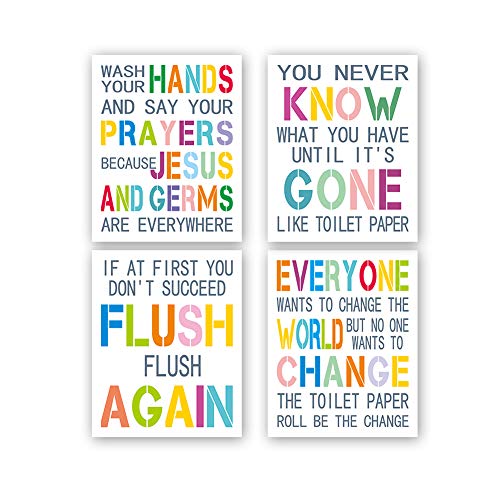 KAIRNE Funny Bathroom Quote Art Print, Set of 4 (8X10, Unframed) Colorful Inspirational Words Painting,Bathroom,Toilet,Washroom Rule Canvas Wall Art