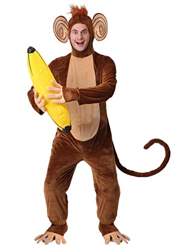 Adult Plus Size Funky Monkey Costume | Jumpsuit with Attached Hood with Ears & Bendable Tail, Foot Covers and Gloves 3X Brown