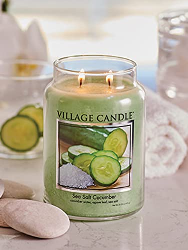 Village Candle Sea Salt Cucumber, Large Glass Apothecary Jar Scented Candle, 21.25 oz, Light Green