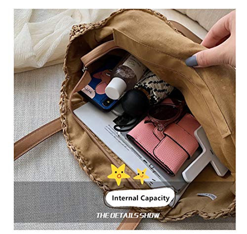 Straw Handbags Women Handwoven Round Corn Straw Bags Natural Chic Hand Large Summer Beach Tote Woven Handle Shoulder Bag (Khaki)