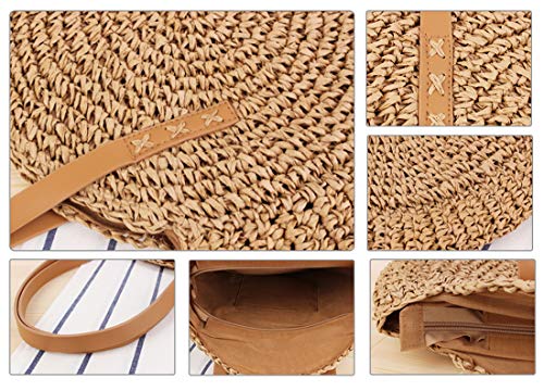 Straw Handbags Women Handwoven Round Corn Straw Bags Natural Chic Hand Large Summer Beach Tote Woven Handle Shoulder Bag (Khaki)