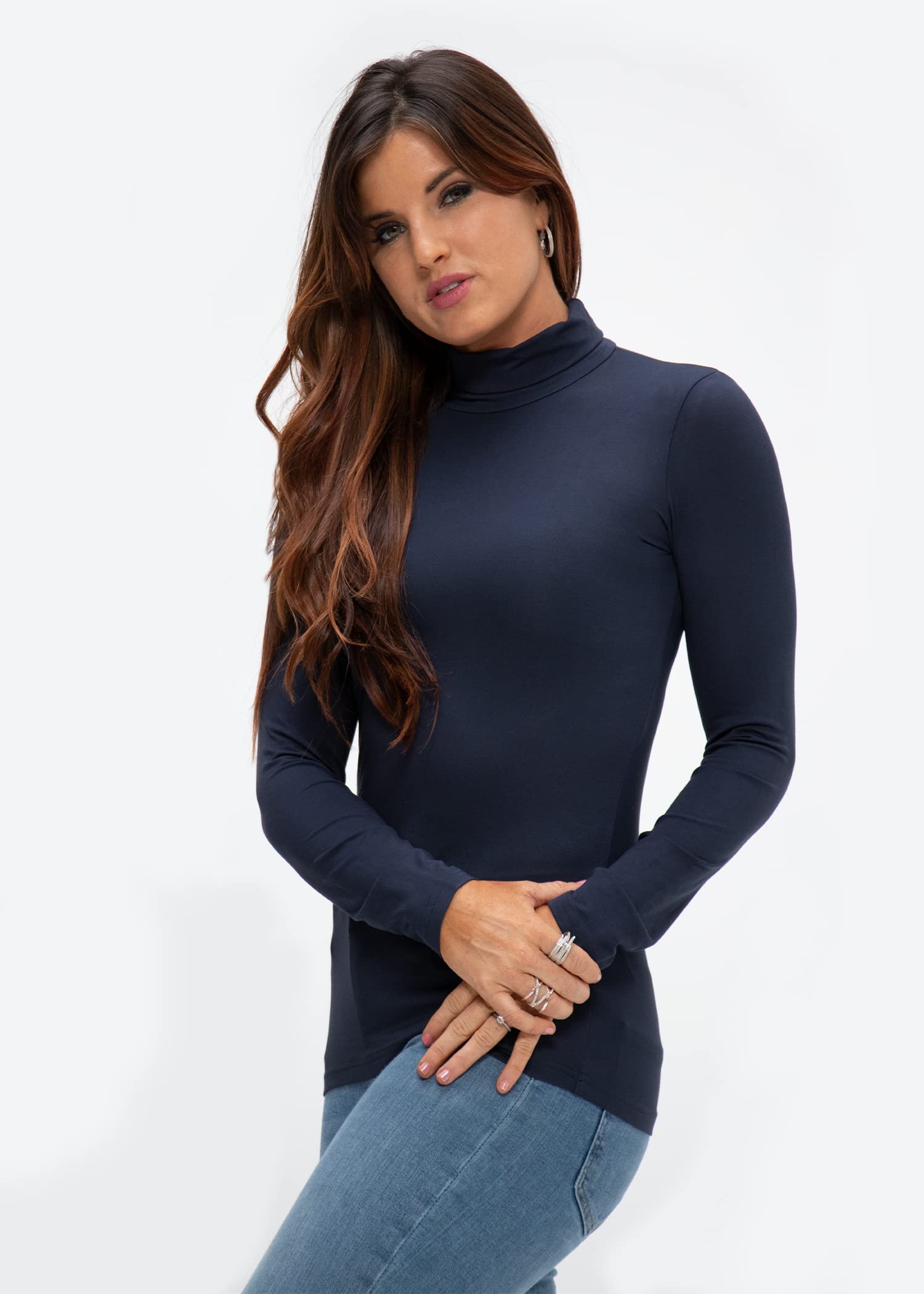 DEVOPS Womens 2 Pack Long Sleeve Mock Turtleneck Stretch Fitted Thermal Underlayer Shirts (Navy/Red, Medium)