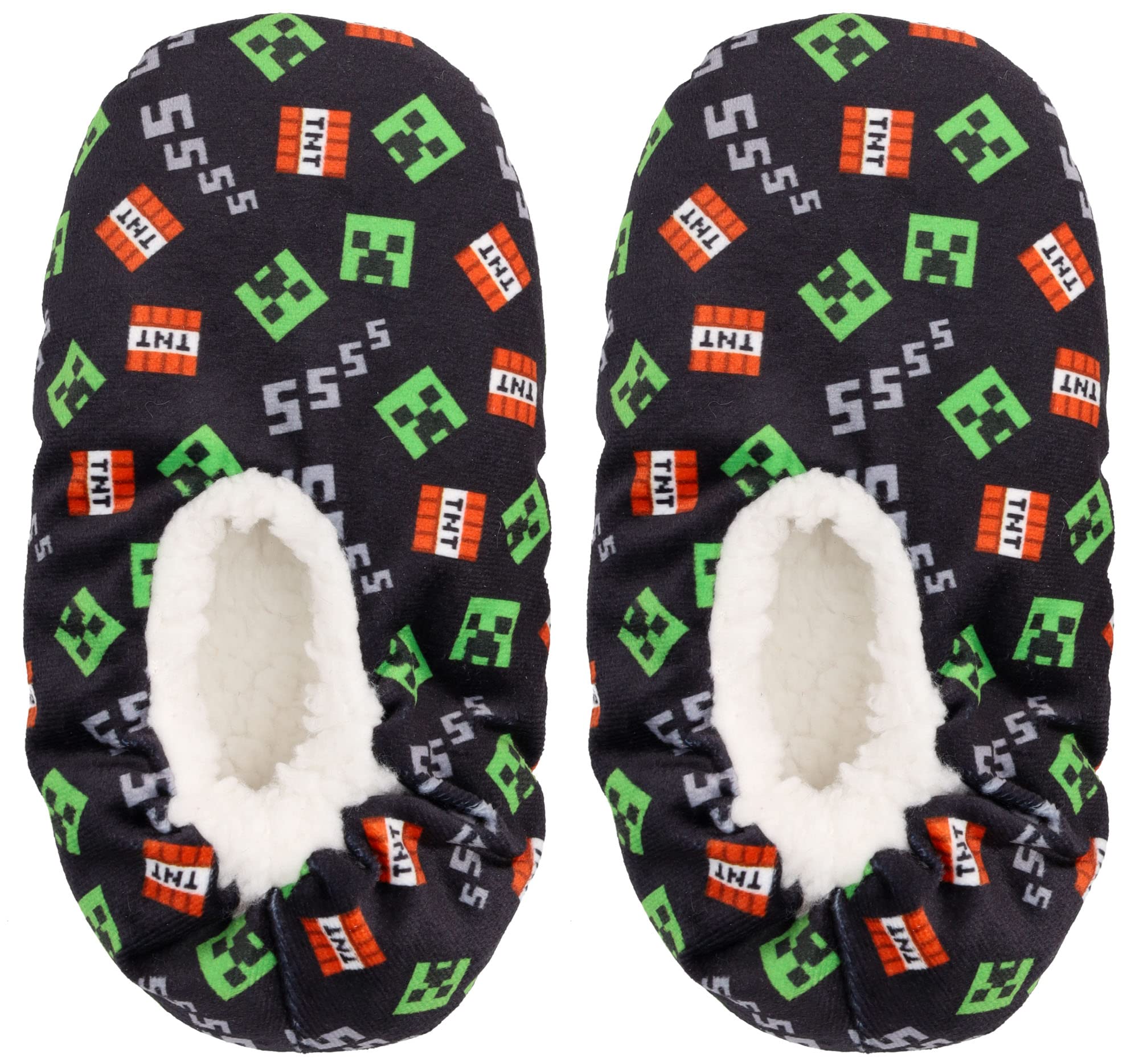 Minecraft Sock Slippers for Kids, Allover Creeper Video Game Print, Black, Size Medium (10-13 Little Kid)