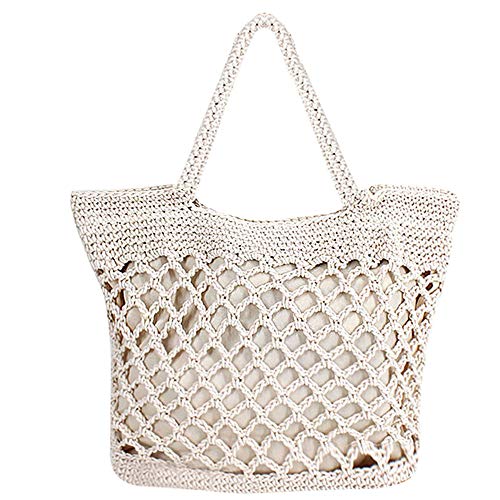 Adela Women Girl Straw Woven Handbag Beach Crochet Bag Travel Large Capacity Tote (Off-white)