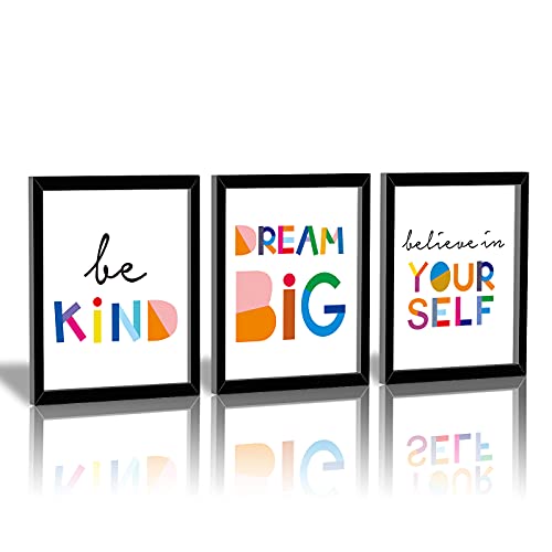 HPNIUB Framed Watercolor Words Inspirational Quote Art Print Set of 3 (8”X10”)-Ready to Hang-Motivational Typography Canvas Painting,Believe in Yourself- Dream Big- Be Kind Print for Classroom Decor