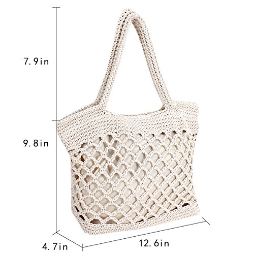 Adela Women Girl Straw Woven Handbag Beach Crochet Bag Travel Large Capacity Tote (Off-white)